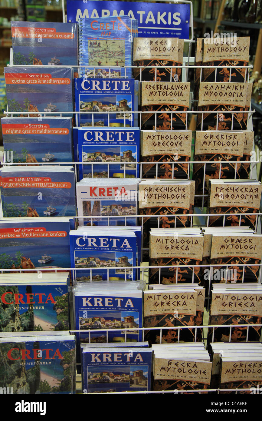 Greek travel books displayed at indoor market in Chania, Crete Stock ...