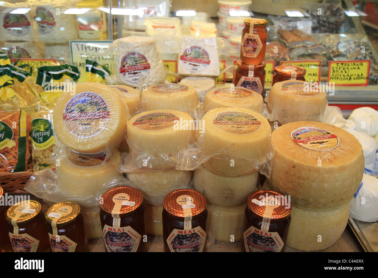 Typical Greek products displayed at indoor market in Chania, Crete ...