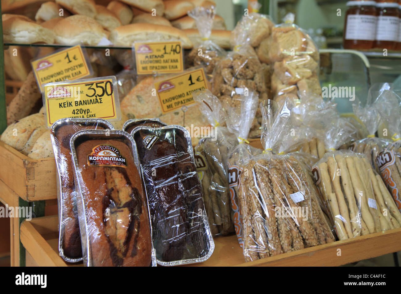 Typical Greek products displayed at indoor market in Chania, Crete ...