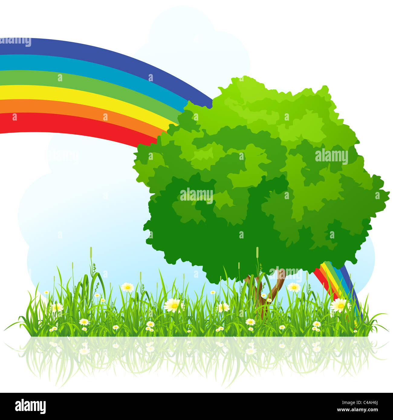 Isolated green tree background with flowers rainbow and grass Stock ...