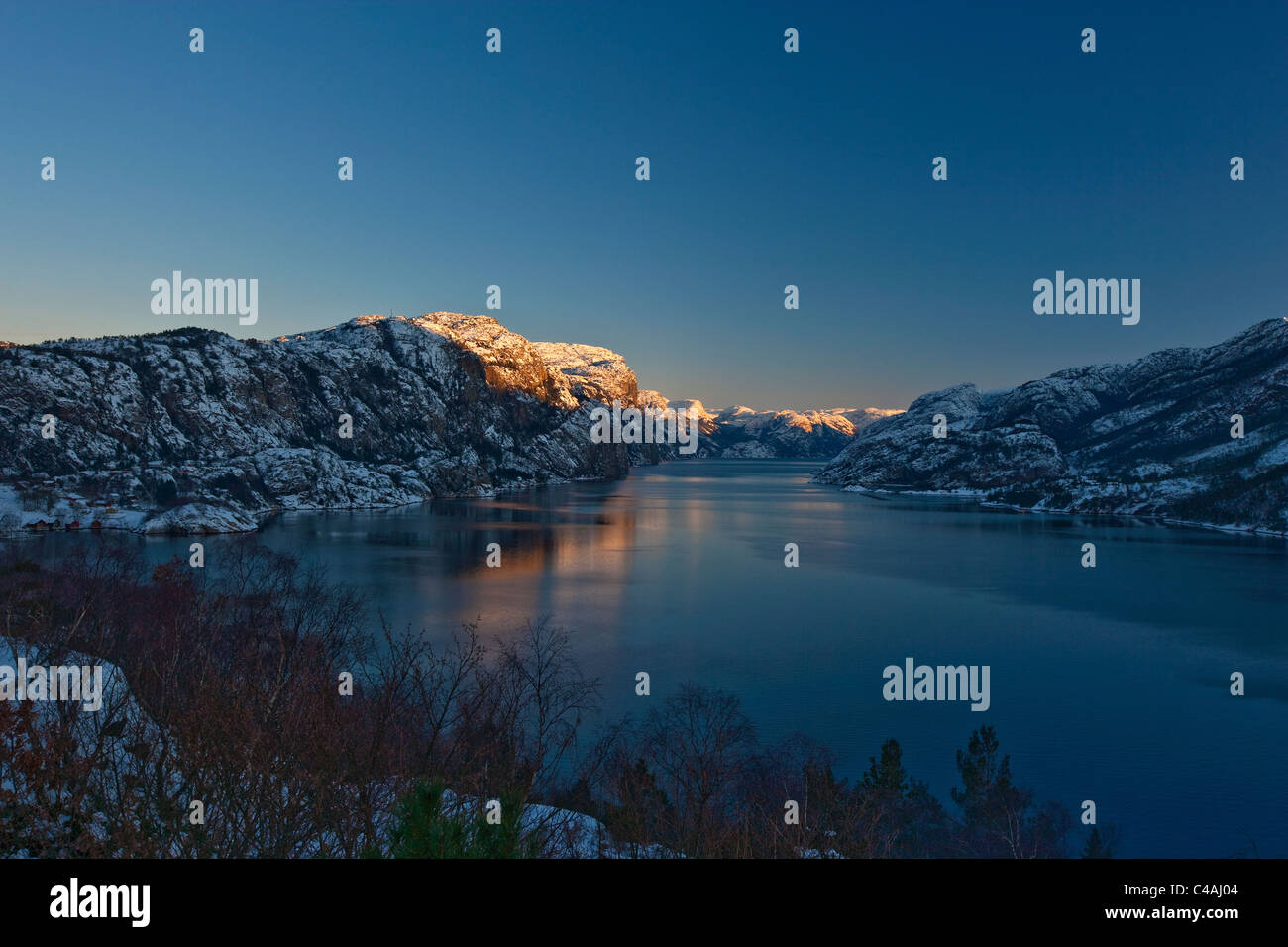 Lysefjord in winter snow. fjord. Forsand, Rogaland, Norway Stock Photo ...