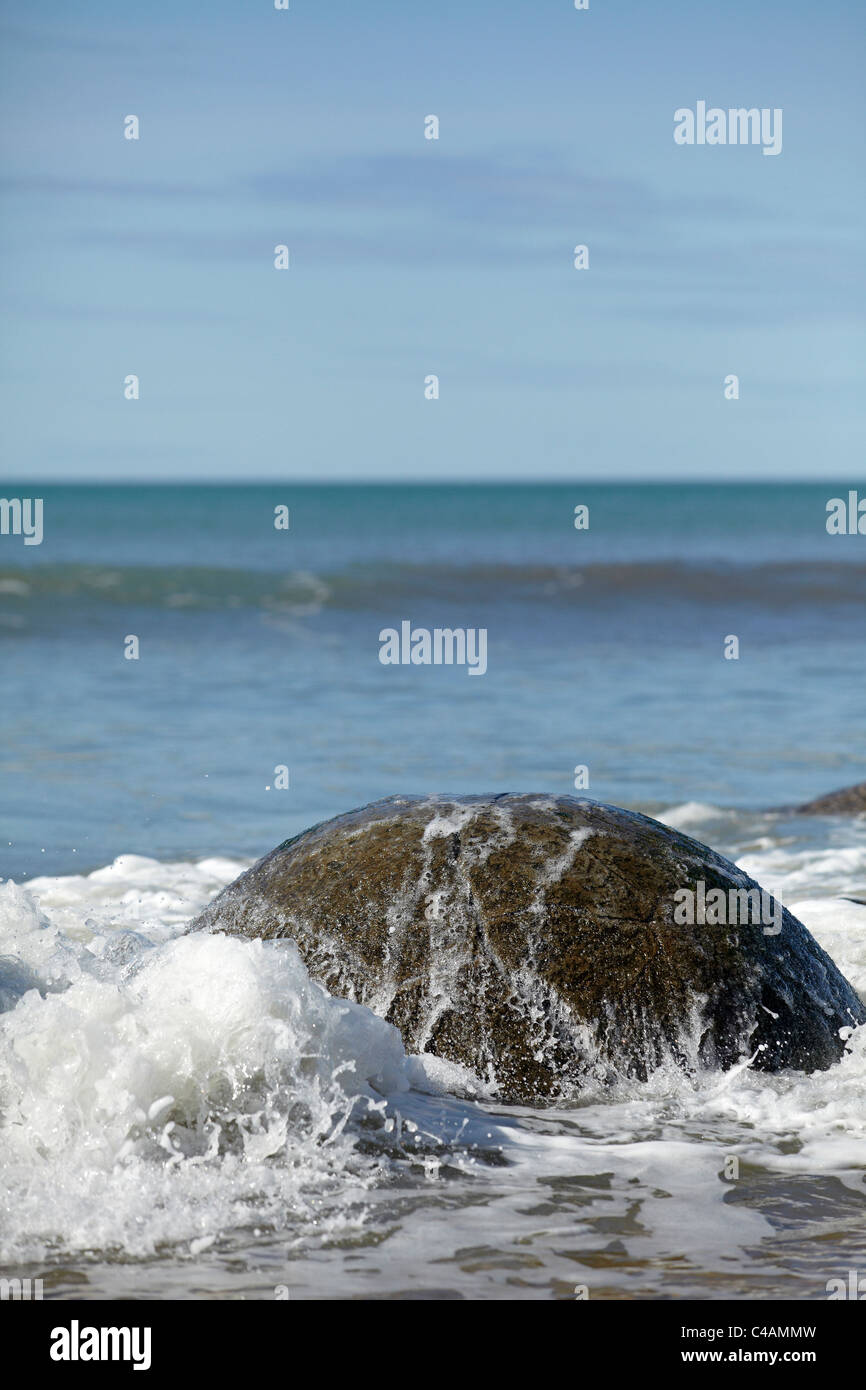 Wave splashing over a Moeraki Boulder, North Otago, South Island, New ...