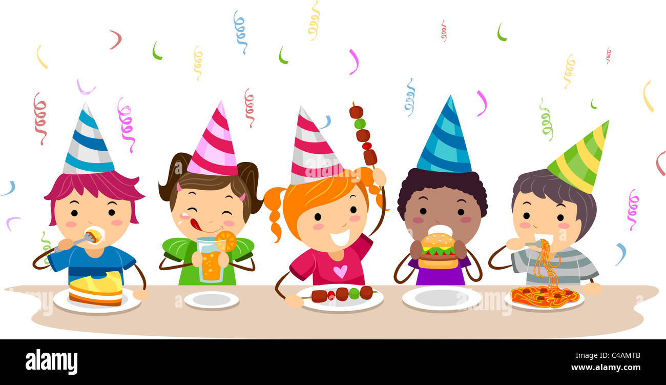 Illustration of Kids Having a Food Party Stock Photo - Alamy
