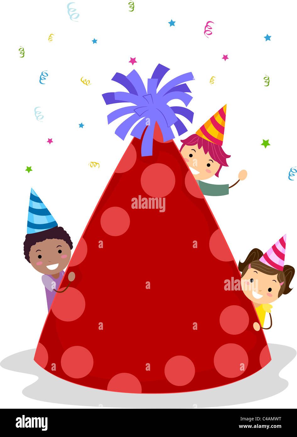 Illustration of Kids Hiding Behind a Birthday Hat Stock Photo - Alamy