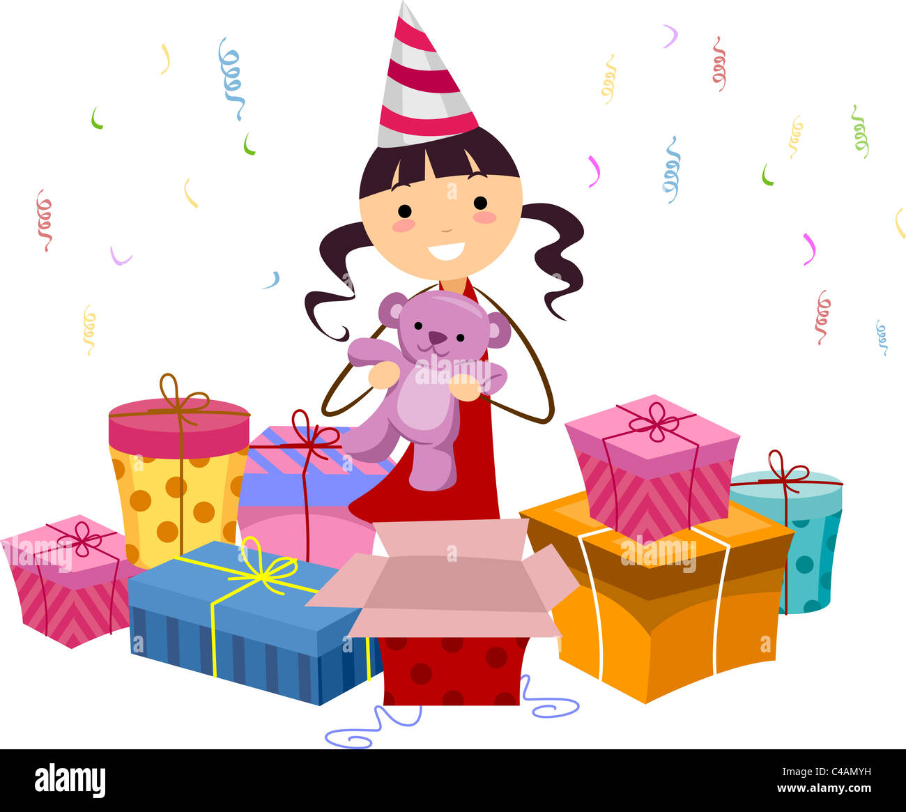 Illustration of a Girl Opening Her Birthday Gifts Stock Photo - Alamy