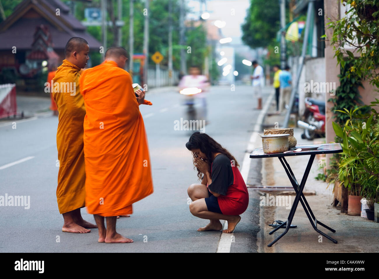 Thailand, Mae Hong Son, Mae Hong Son. Monks on morning alms round Stock ...