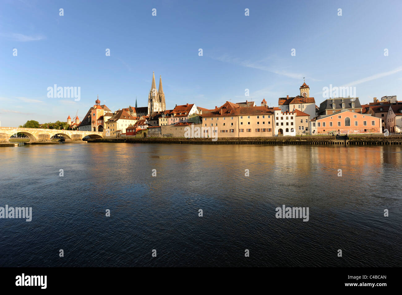 historical old UNESCO town Regensburg in Germany with landmarks stone ...