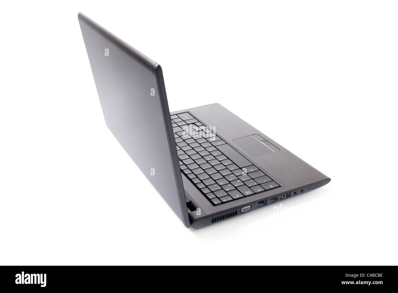 A back side profile view of a black laptop with a monitor opened 90 ...