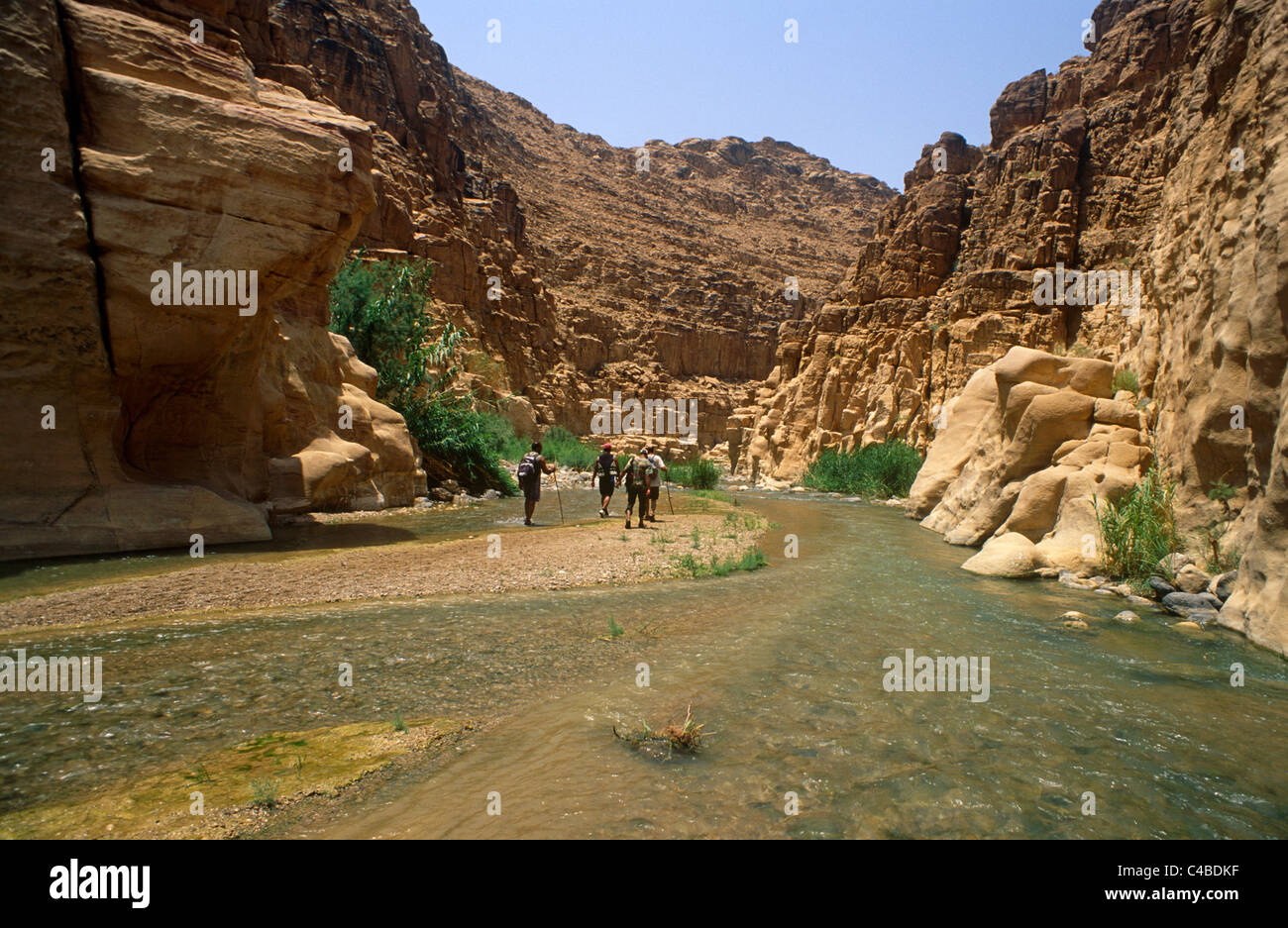 Jordan, Mujib Nature Reserve, Malaqi Trail, Mujib River. Walkers stroll ...