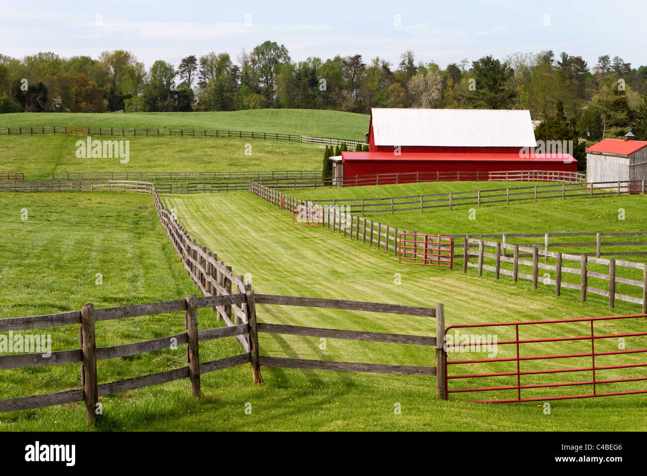 Fenced green pastures with a red barn in a rural landscape setting ...