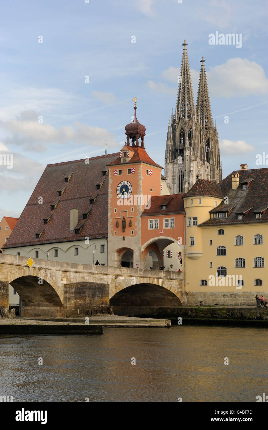 historical old UNESCO town Regensburg in Germany with landmarks stone ...