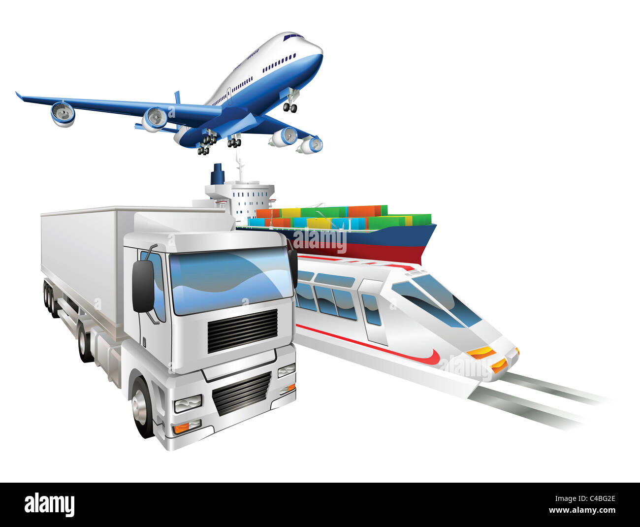 Logistics concept illustration, airplane, truck, train and cargo ...