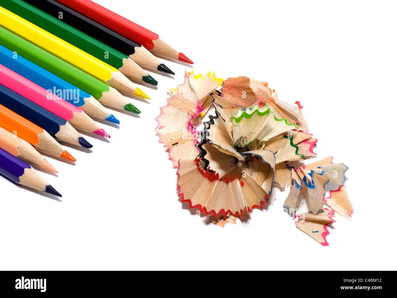 sharpened colored pencils with the chips on a white background Stock ...