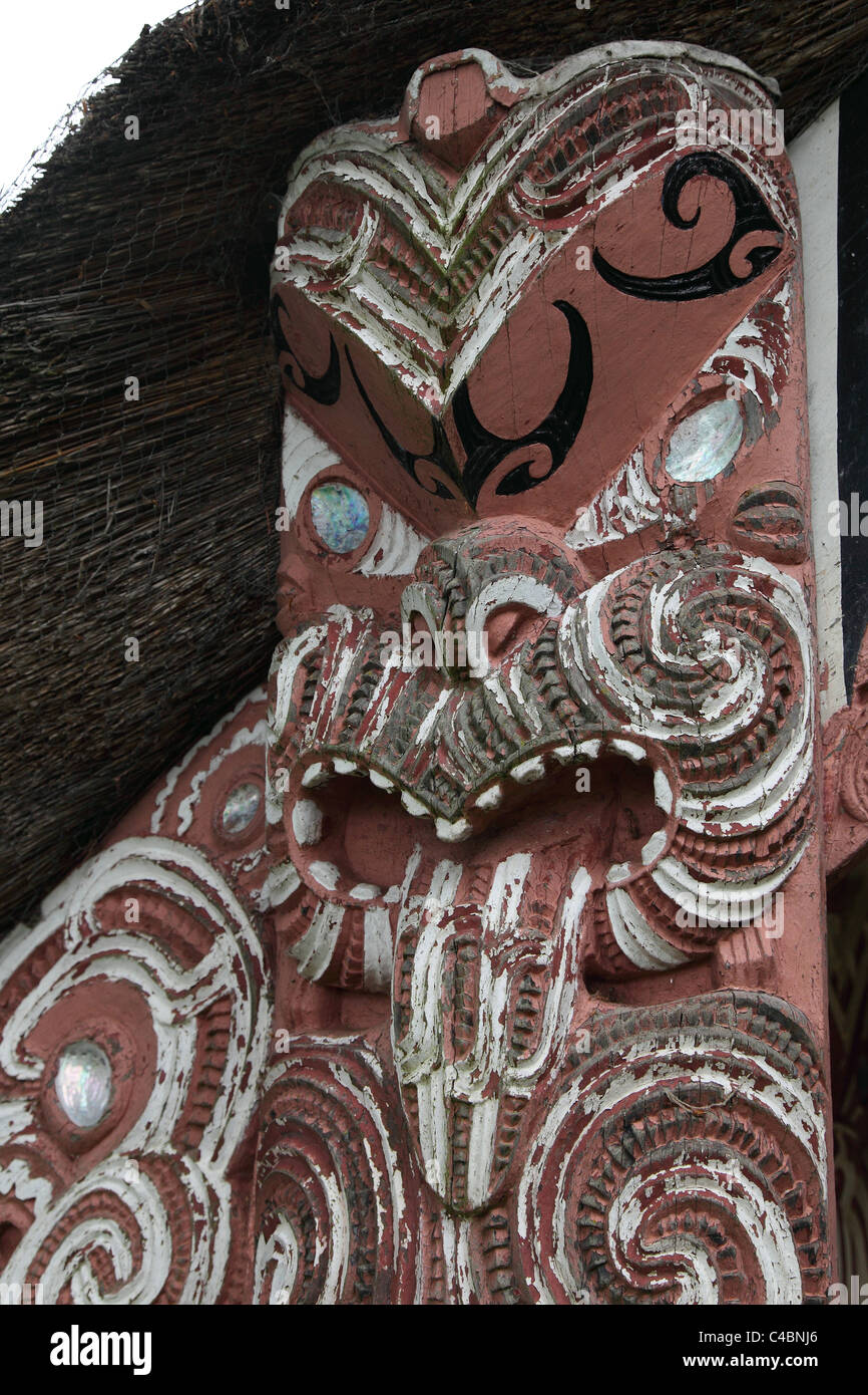 Maori art on the Maori Meeting House of Ngati Hinemihi tribe in Clandon ...