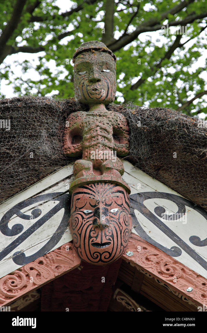 Maori art on the Maori Meeting House of Ngati Hinemihi tribe in Clandon ...