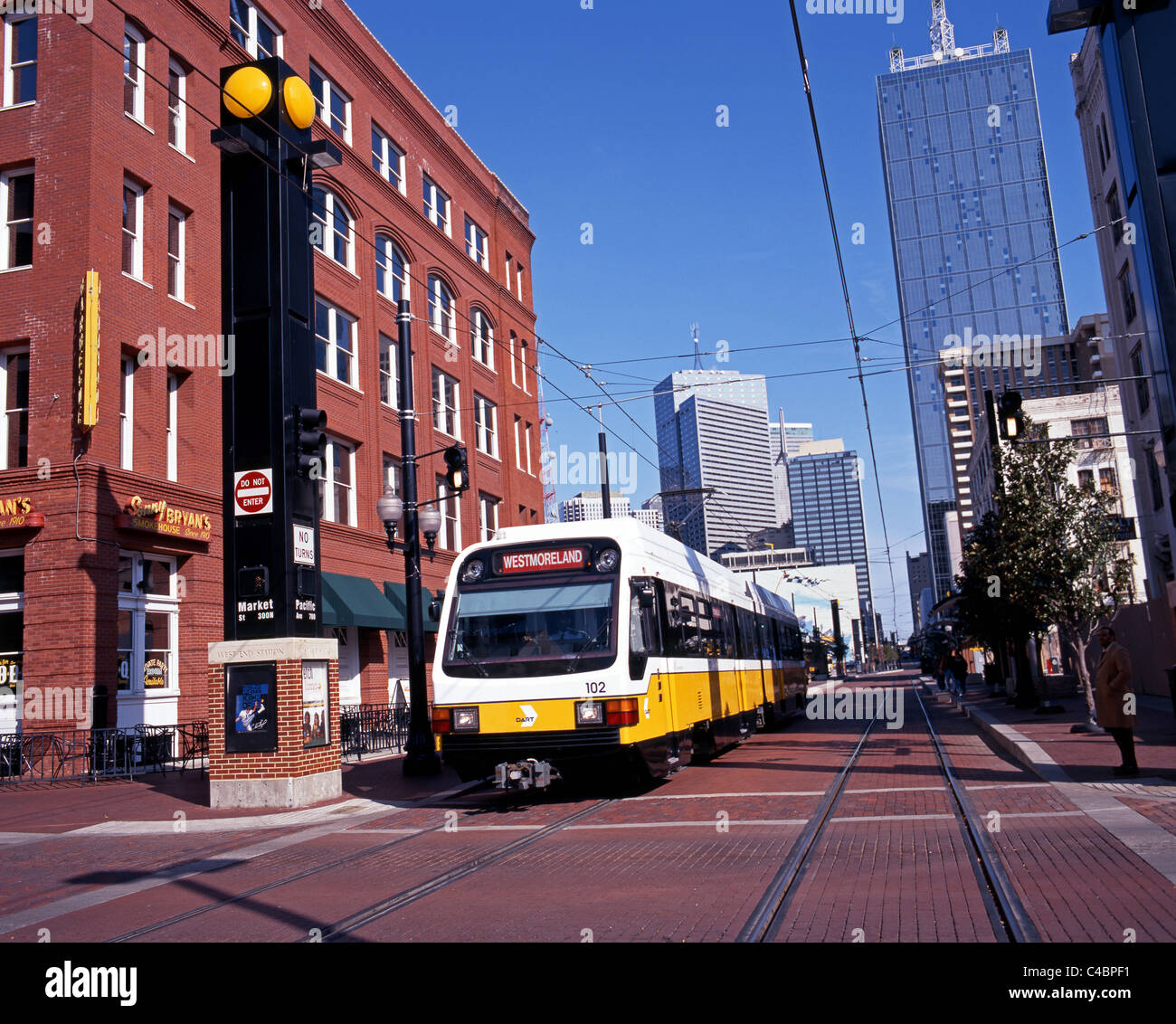 Downtown transportation system with skyscrapers to rear, Dallas, Texas ...