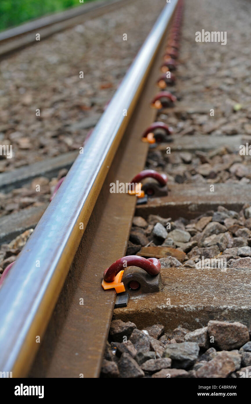 Steel rail tracks held in position with spring loaded clips mounted ...
