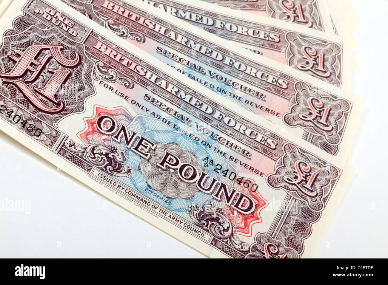 A pile of British Armed Forces One pound notes fanned out Stock Photo ...