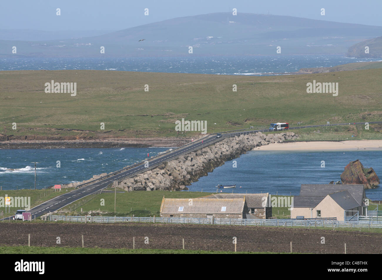 Elevated view of Churchill Barrier number three Orkney Scotland May ...