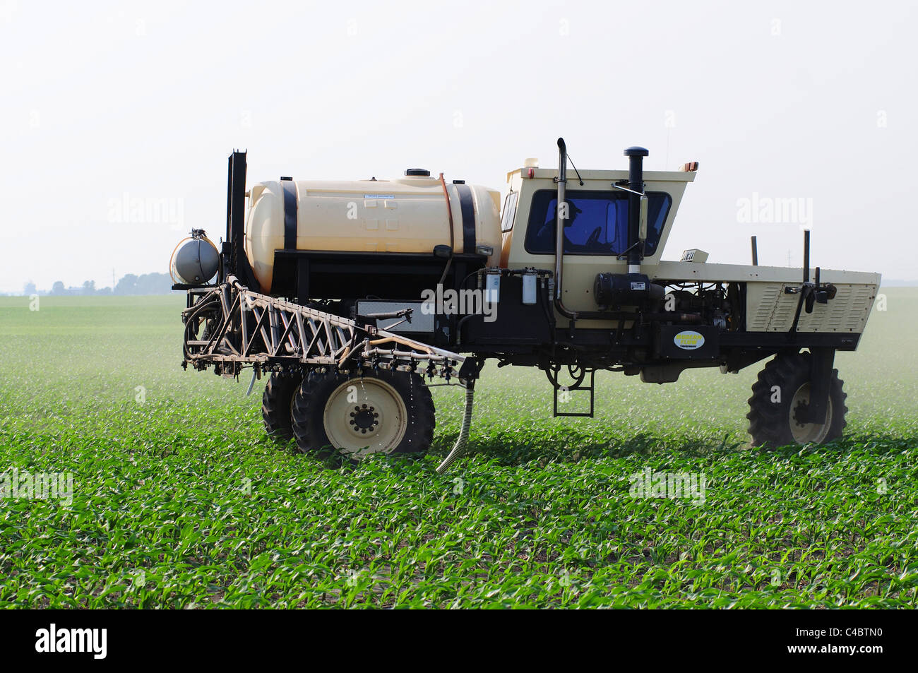 A self propelled crop sprayer treating a corn field with insecticide or ...