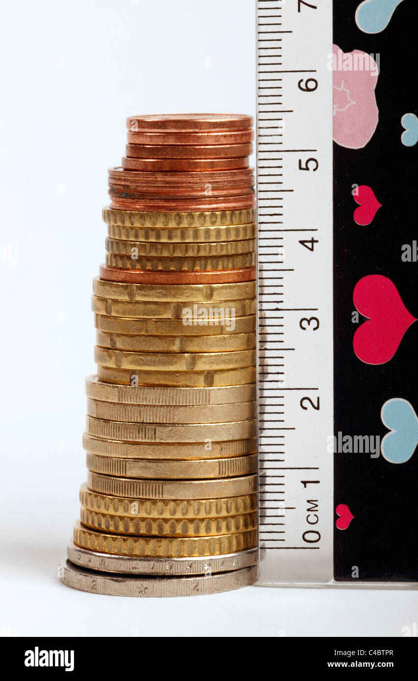 Stack of Euros with a ruler alongside to measure them Stock Photo - Alamy