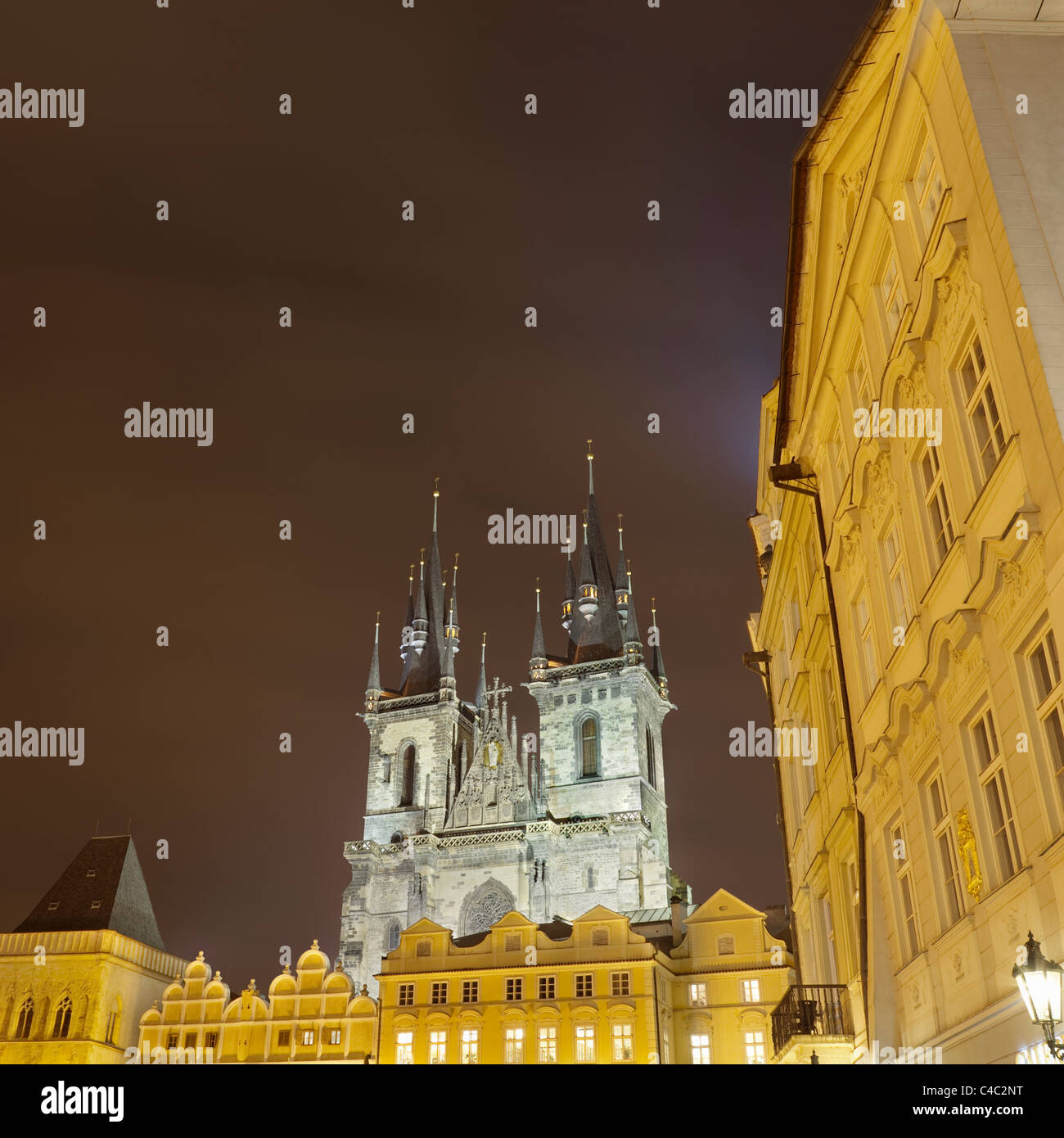 Church and buildings lit up at night Stock Photo - Alamy