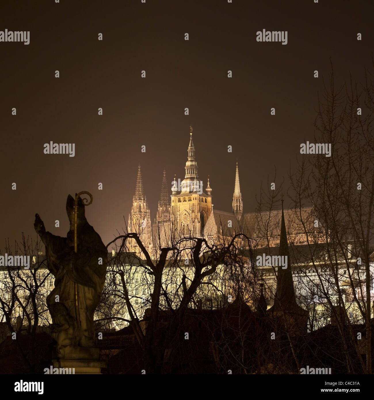 Cathedral and statue lit up at night Stock Photo - Alamy