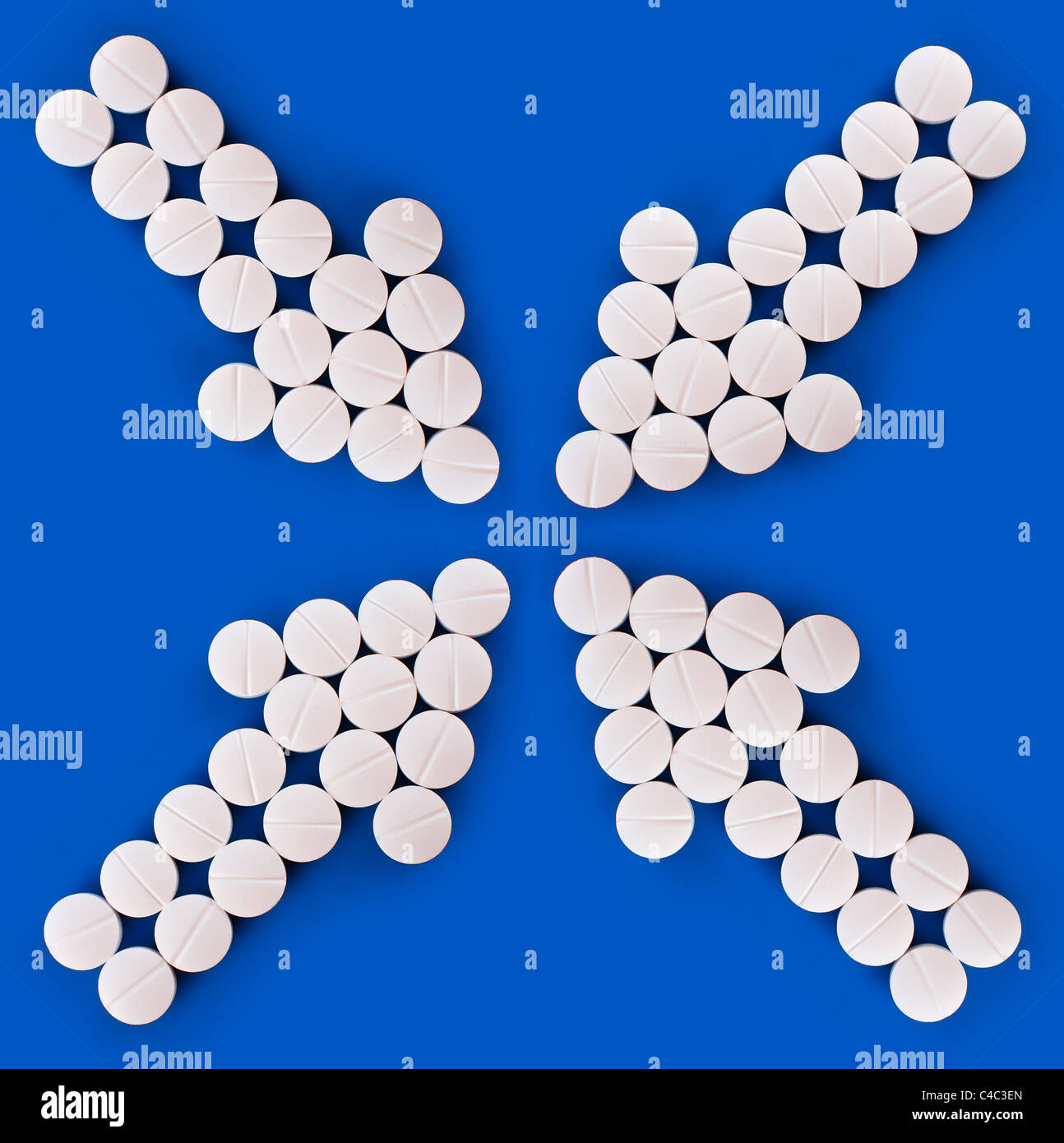 Fore arrows of tablets are directed to center. Isolated on a blue ...