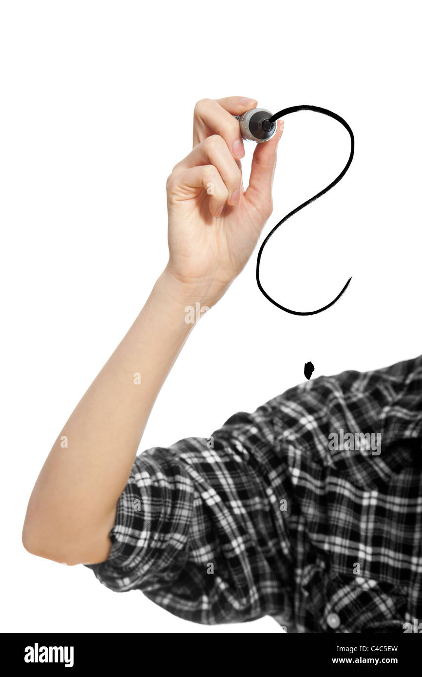 hand of a student girl drawing a question mark in the air, isolated on ...