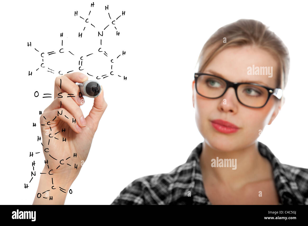 blonde student girl drawing a chemical formula in the air, isolated on ...