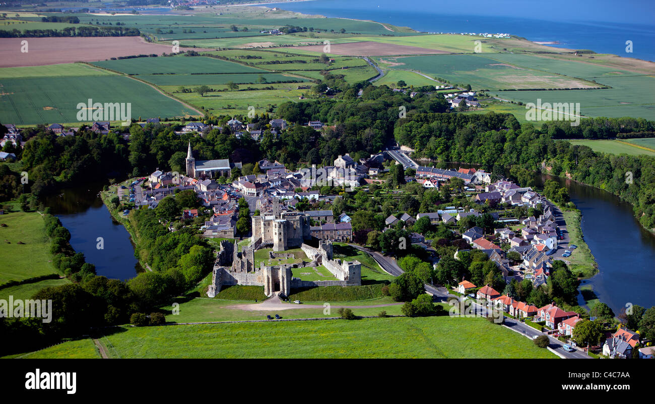 Aerial view of Warkworth Castle and Warkworth Castle, Northumberland ...