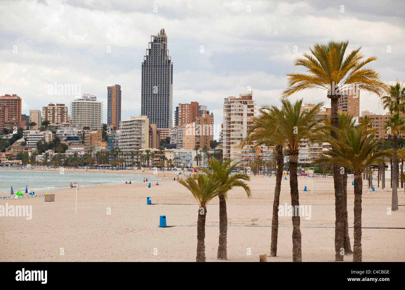 A view of the beash in the Poniente area of Benidorm, Spain with Palm ...