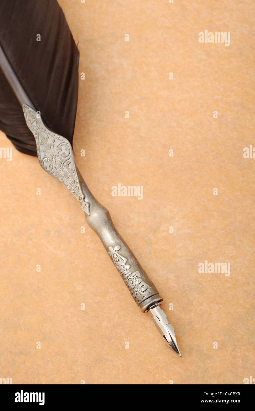Feather quill an old paper. Photo closeup Stock Photo - Alamy
