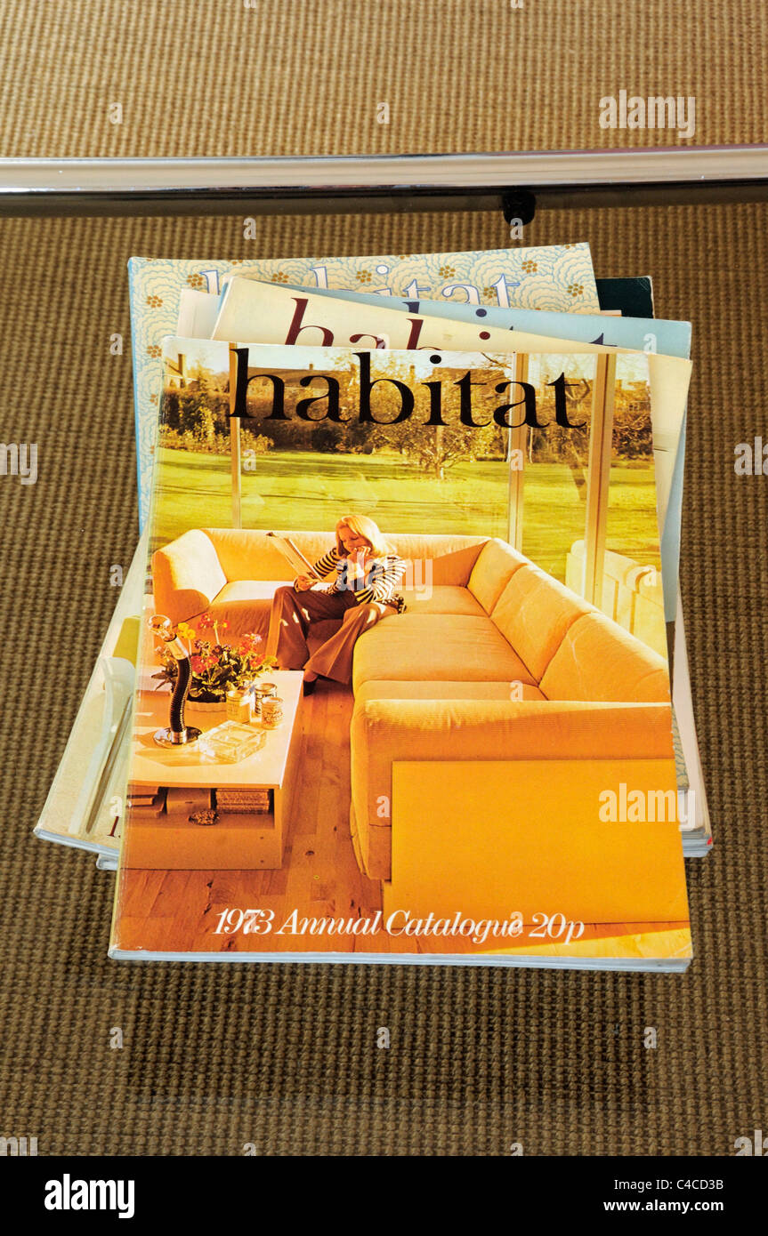 1973 Habitat Catalogue on glass topped OMK coffee table. For editorial ...