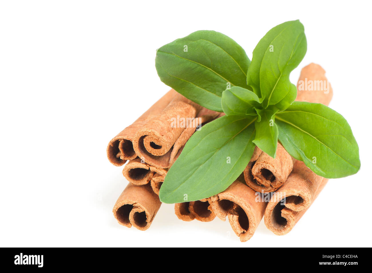 Cinnamon and green leaves. A heap of sticks of cinnamon on a white ...