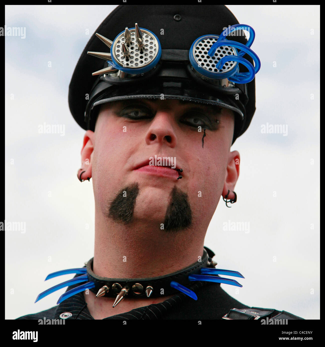Gothic enthusiast wearing funky costume at the annual Wave Gothic ...