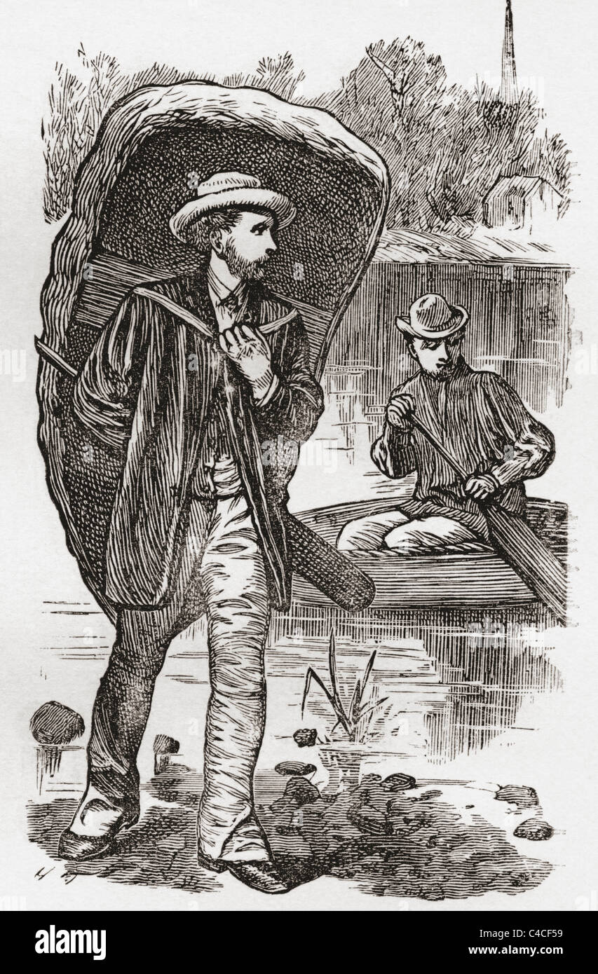 A man carrying a coracle on his back in Monmouth, Wales in the late ...