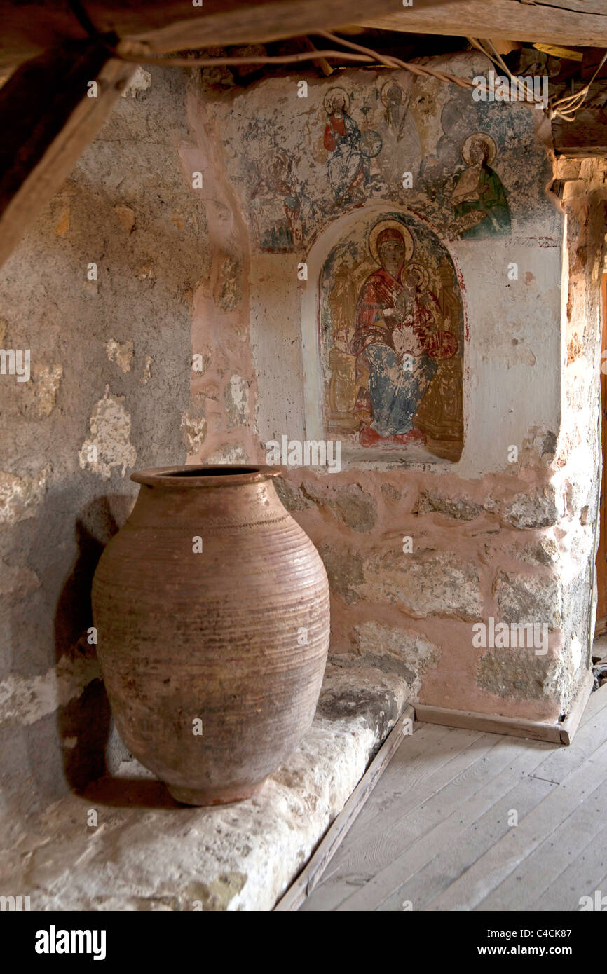 Exhibition and mural painting inside the Agia Triada monastery. The ...