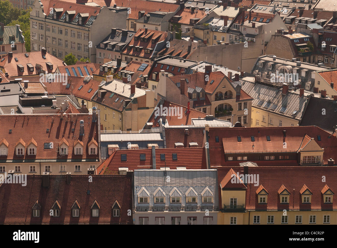 Aerial view of rooftops and dormers designed and constructed in the ...