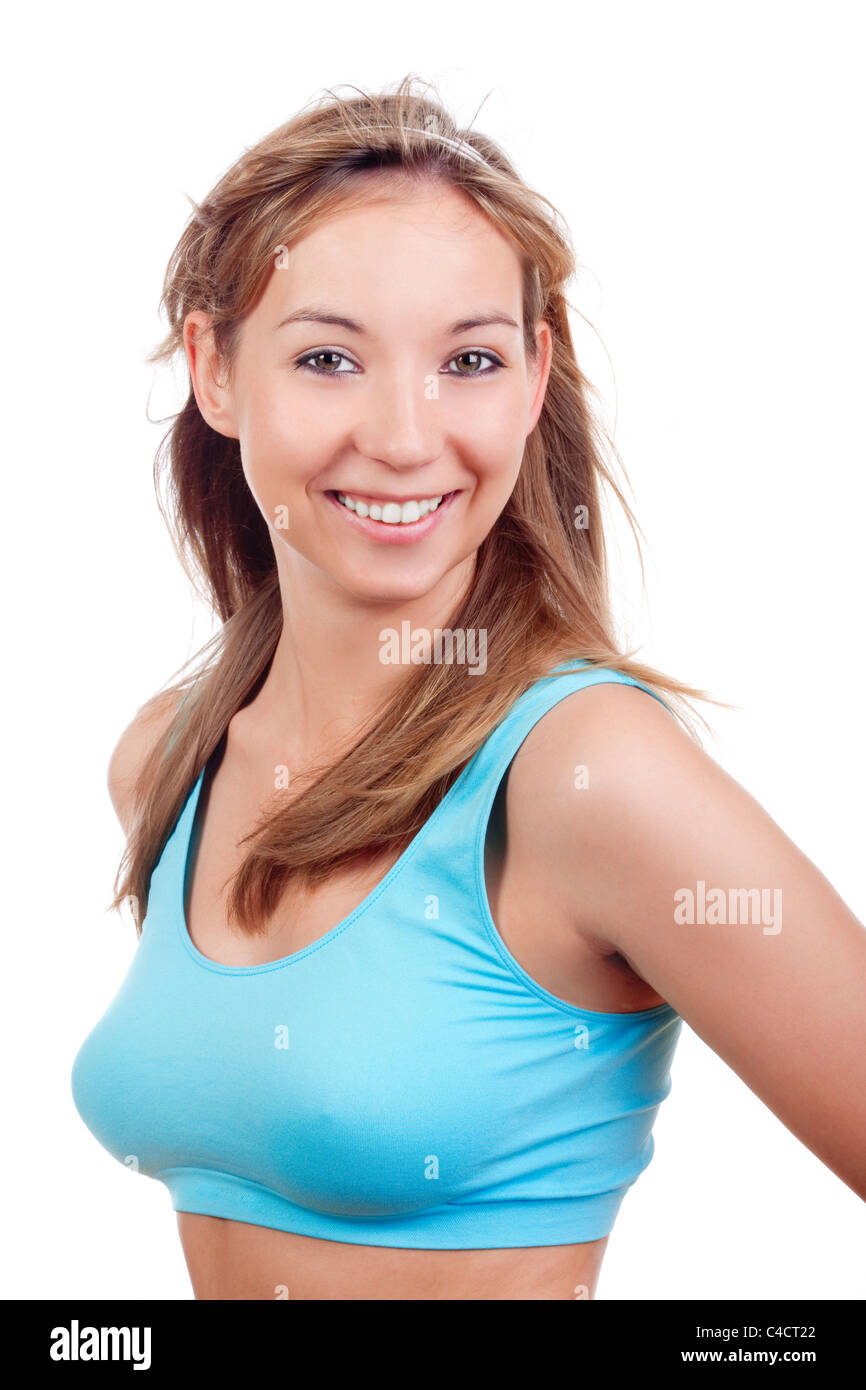 young woman in sports bra smiling - isolated on white Stock Photo - Alamy