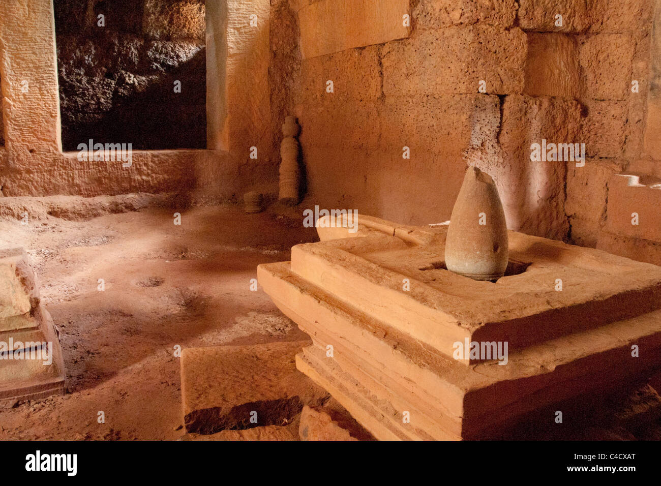 Detail of artifacts in a temple in the Angkor Wat temple complex near ...