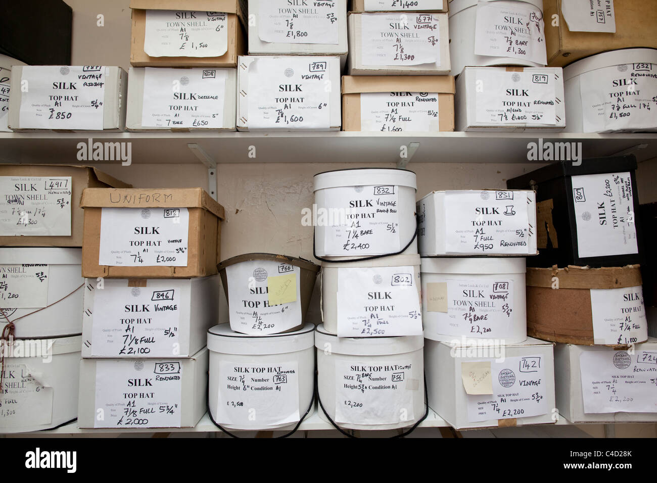Boxes of various bespoke hats at Lock & Co hatters, St James's Street ...