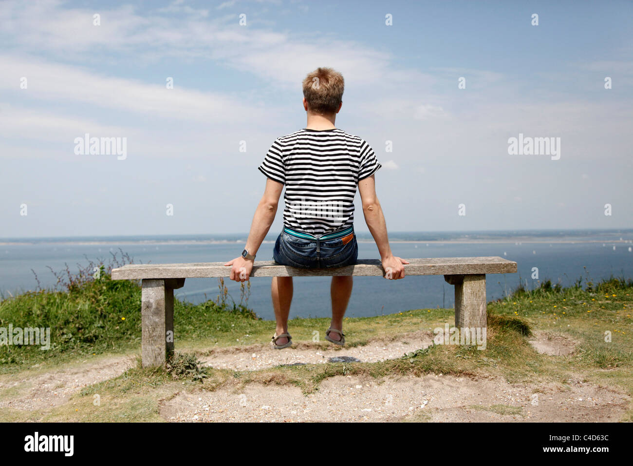 Rear view of a man wearing striped T shirt on holiday sitting on a ...