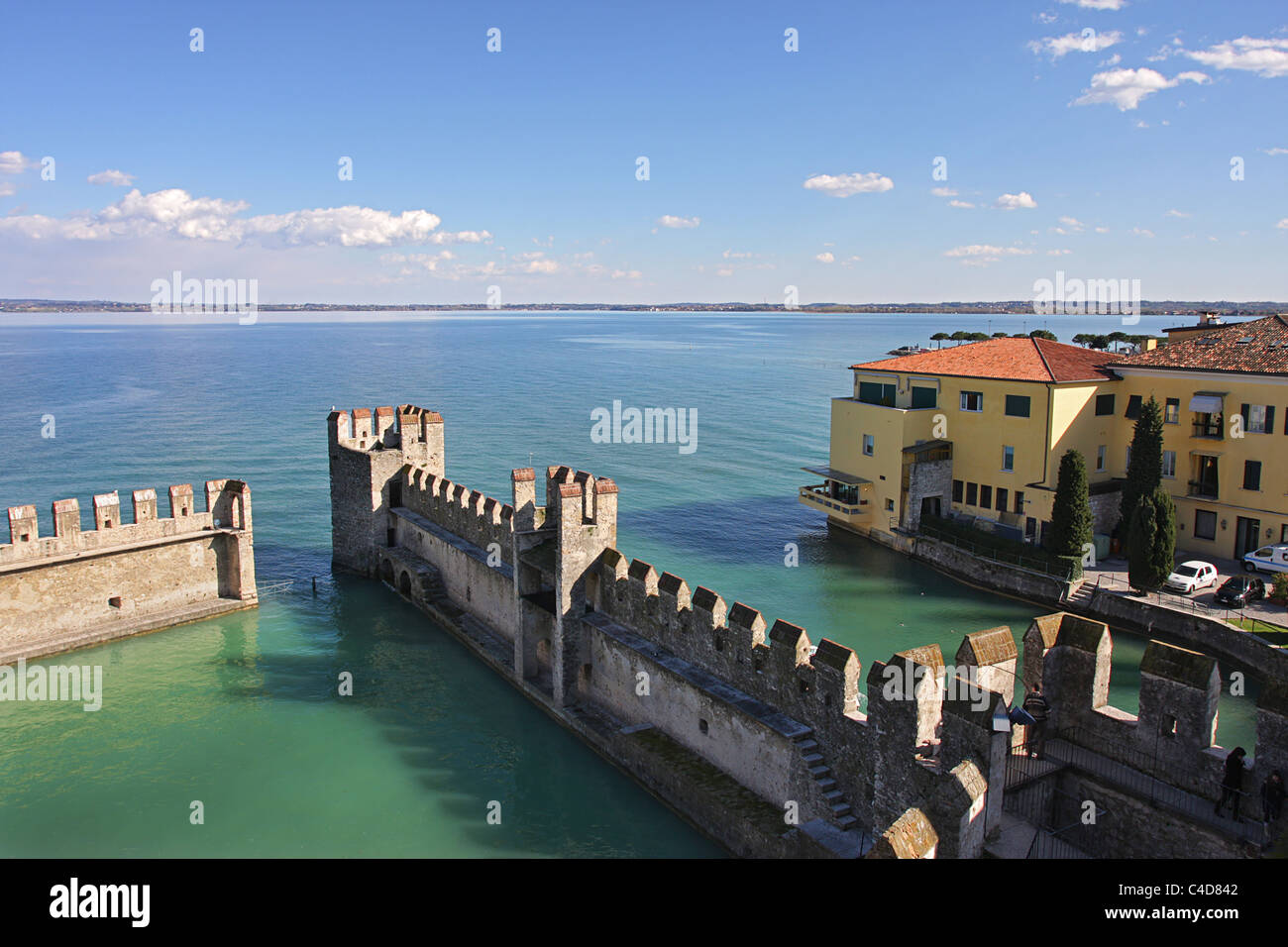 Aerial view on Lake Garda and ancient fortification in Sirmione, Italy ...