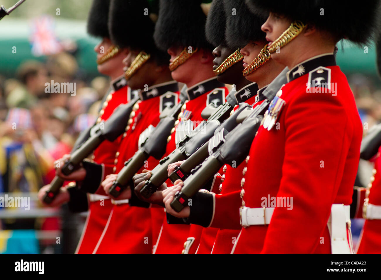 Coldstream Guards arrive to line the route for the royal wedding of ...