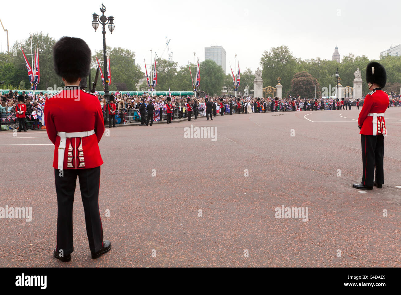 Coldstream Guards line the route for the royal wedding of Prince ...