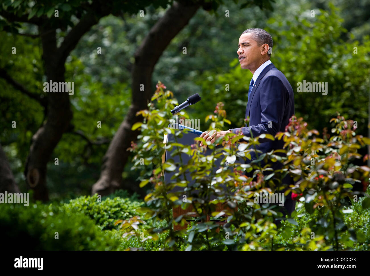 President Barack Obama speaking in the Rose Garden of the White House ...