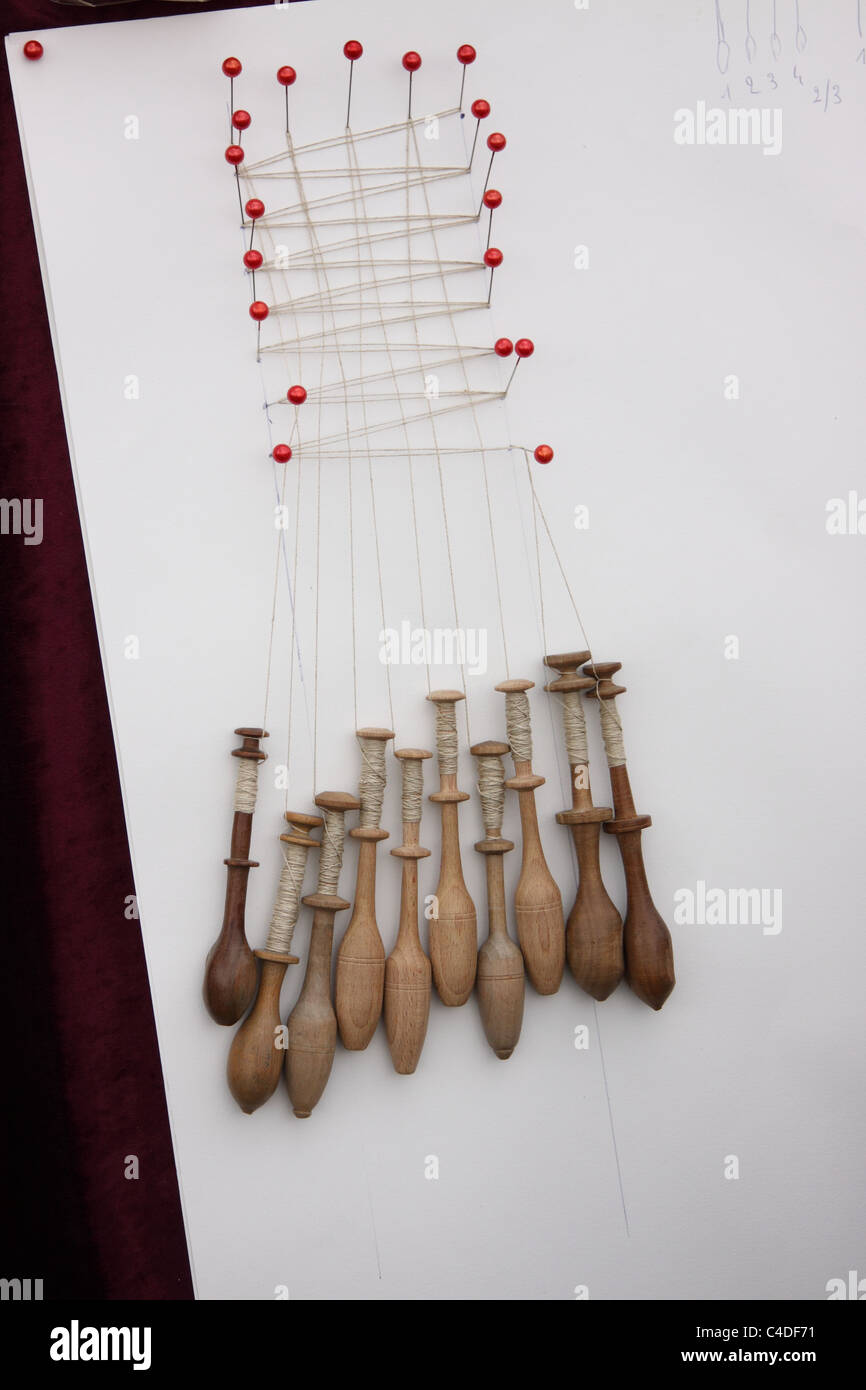 Process of lace-making with bobbins Stock Photo - Alamy