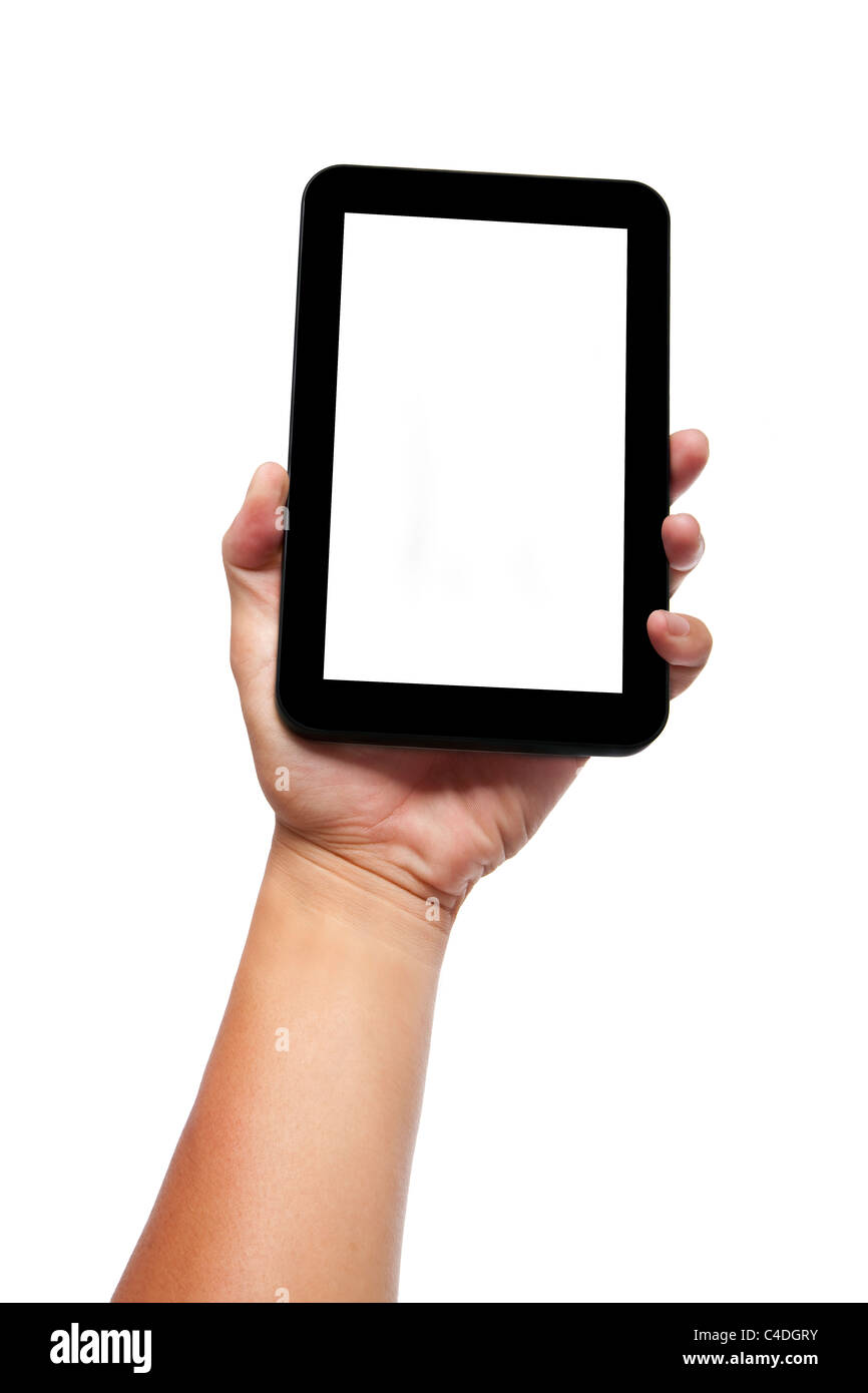 Hand holding tablet pc and isolated on white Stock Photo - Alamy