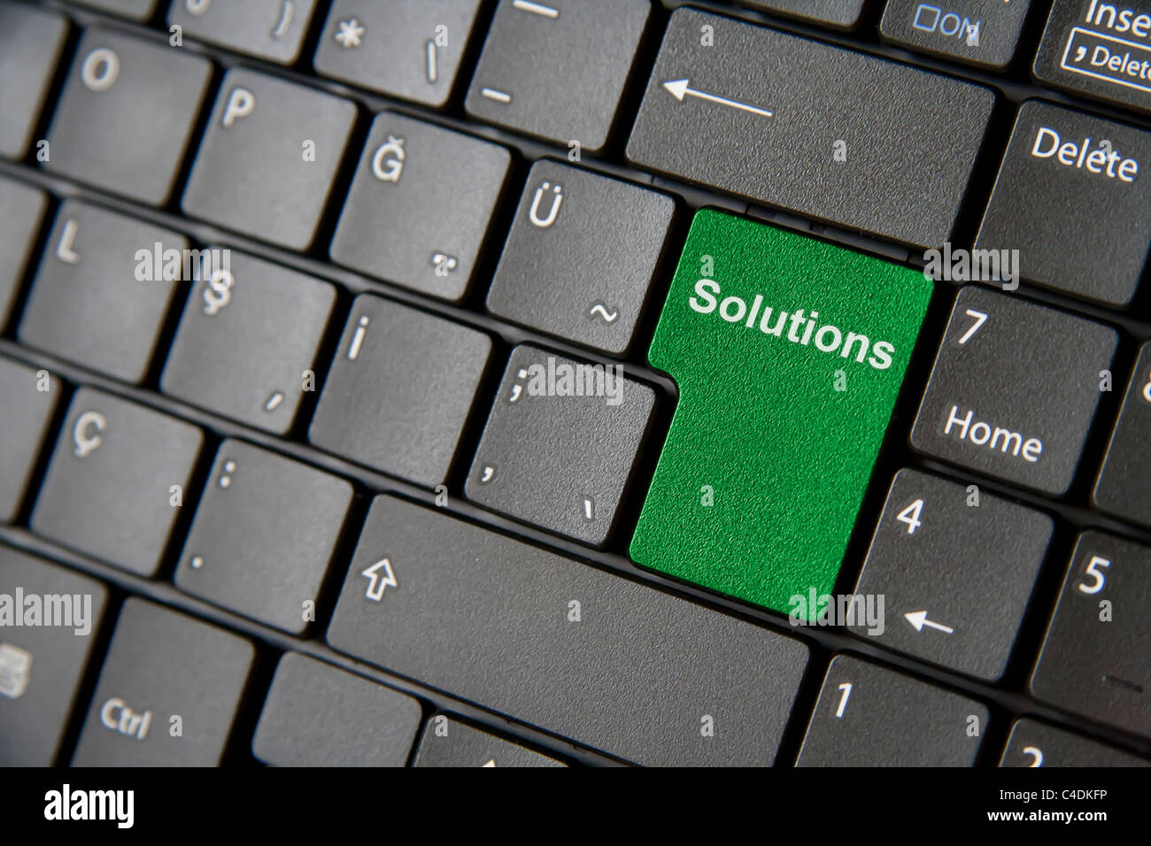 A close up to a laptop keyboard which has a green solutions key Stock ...